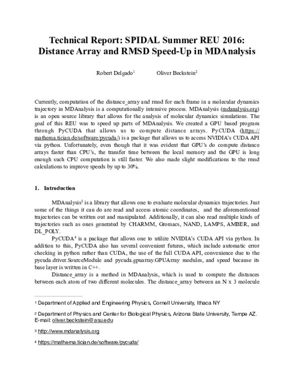 (PDF) Technical Report: SPIDAL Summer REU 2016: Distance Array and RMSD Speed-Up in MDAnalysis