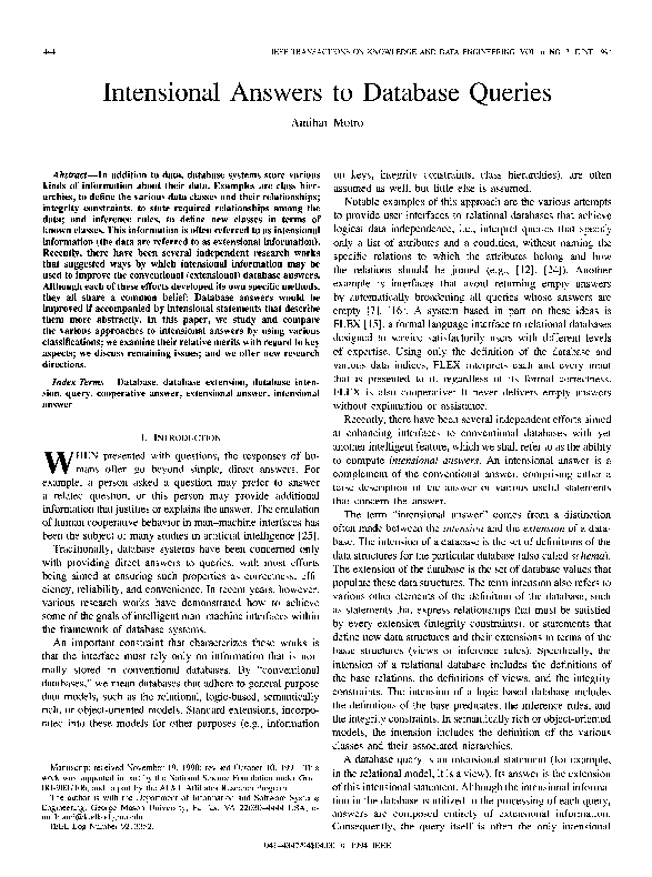 (PDF) Intensional answers to database queries | Amihai Motro - Academia.edu