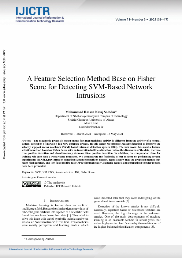 (PDF) A Feature Selection Method Base on Fisher Score for Detecting SVM-Based Network Intrusions