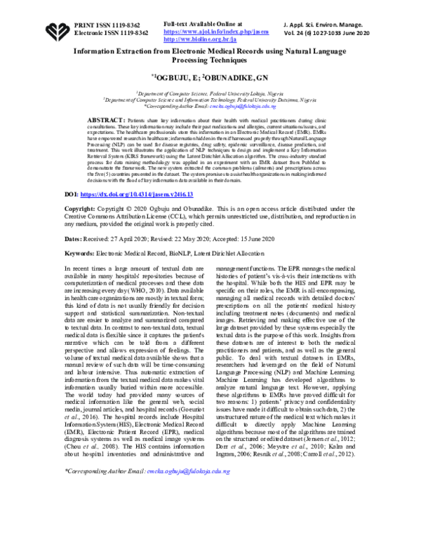 (PDF) Information Extraction from Electronic Medical Records using Natural Language Processing ...