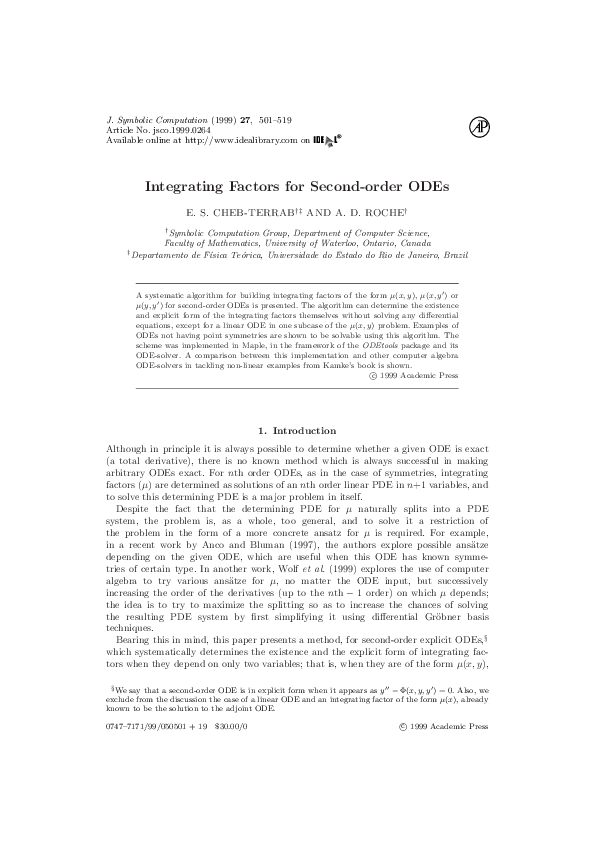 (PDF) Integrating Factors for Second-order ODEs