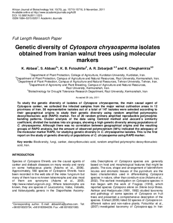 (PDF) Genetic diversity of Cytospora chrysosperma isolates obtained ...