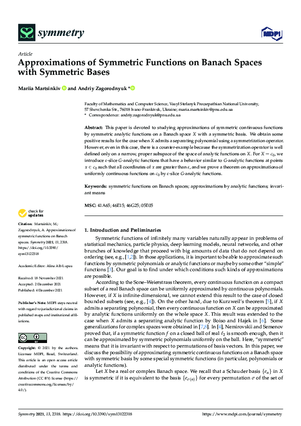 (PDF) Approximations of Symmetric Functions on Banach Spaces with Symmetric Bases