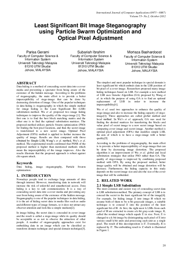 Pdf Least Significant Bit Image Steganography Using Particle Swarm Optimization And Optical