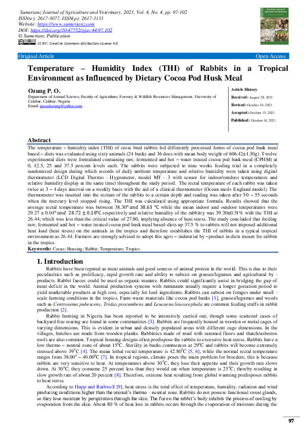 (PDF) Temperature -Humidity Index (THI) of Rabbits in a Tropical ...