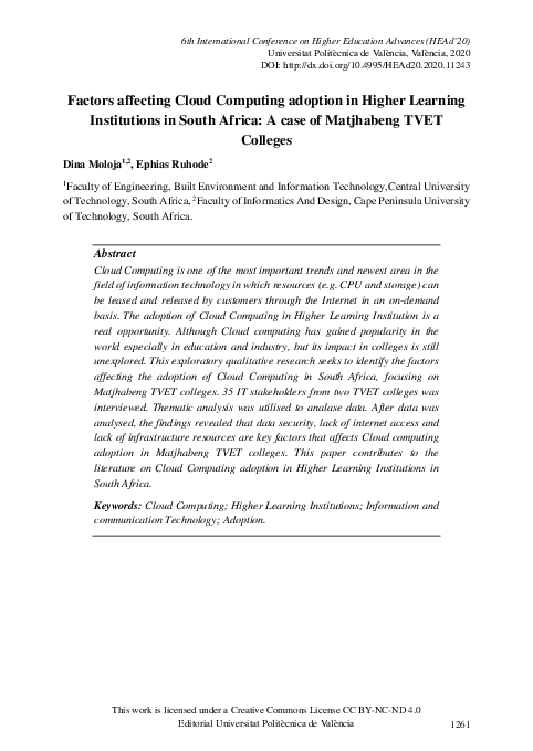 (PDF) Factors affecting Cloud Computing adoption in Higher Learning Institutions in South Africa ...