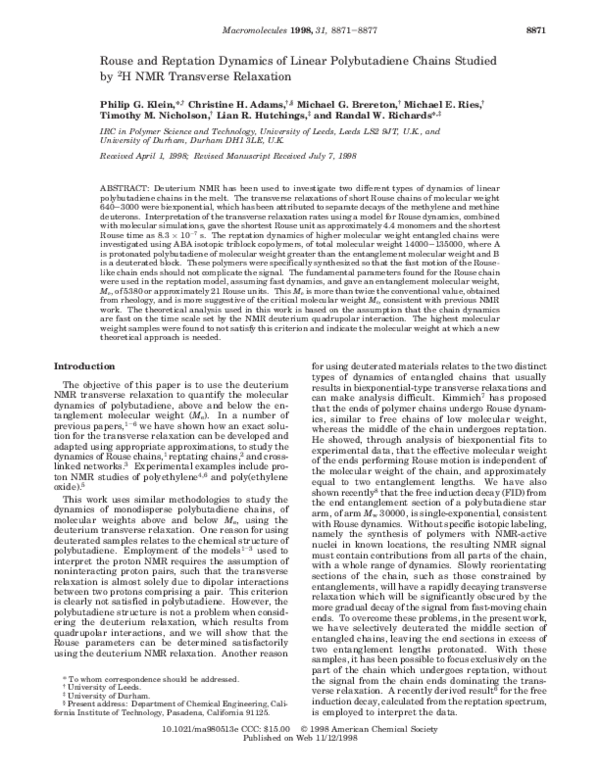 (PDF) Rouse and Reptation Dynamics of Linear Polybutadiene Chains ...