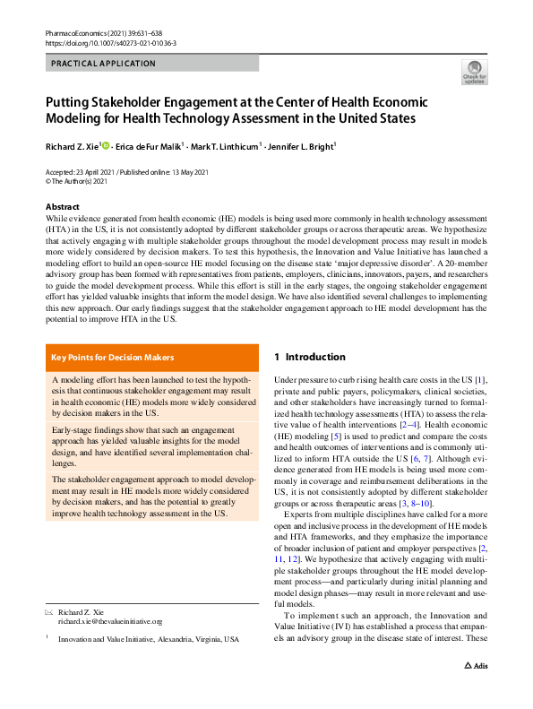 (PDF) Putting Stakeholder Engagement at the Center of Health Economic ...