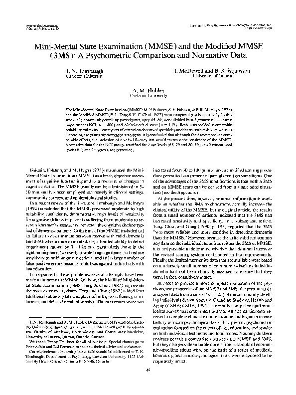 (PDF) Mini-Mental State Examination (MMSE) and the Modified MMSE (3MS ...
