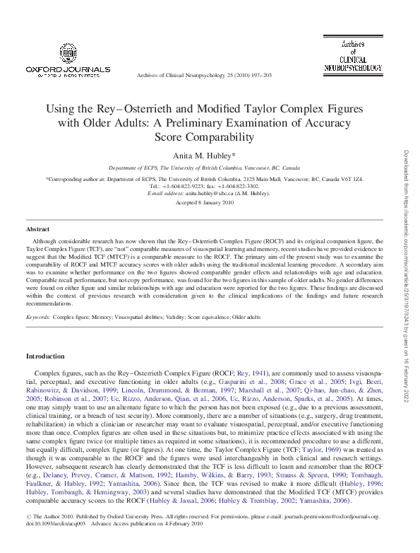 (PDF) Using the Rey-Osterrieth and Modified Taylor Complex Figures with ...