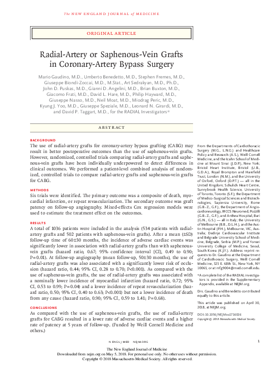 (PDF) Radial-Artery or Saphenous-Vein Grafts in Coronary-Artery Bypass ...