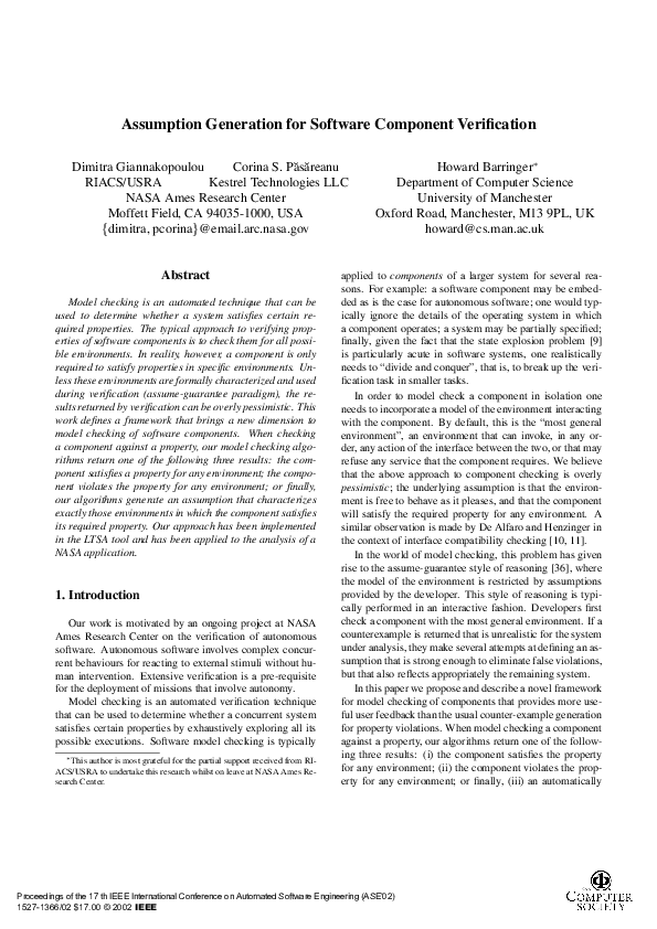 (PDF) Assumption generation for software component verification