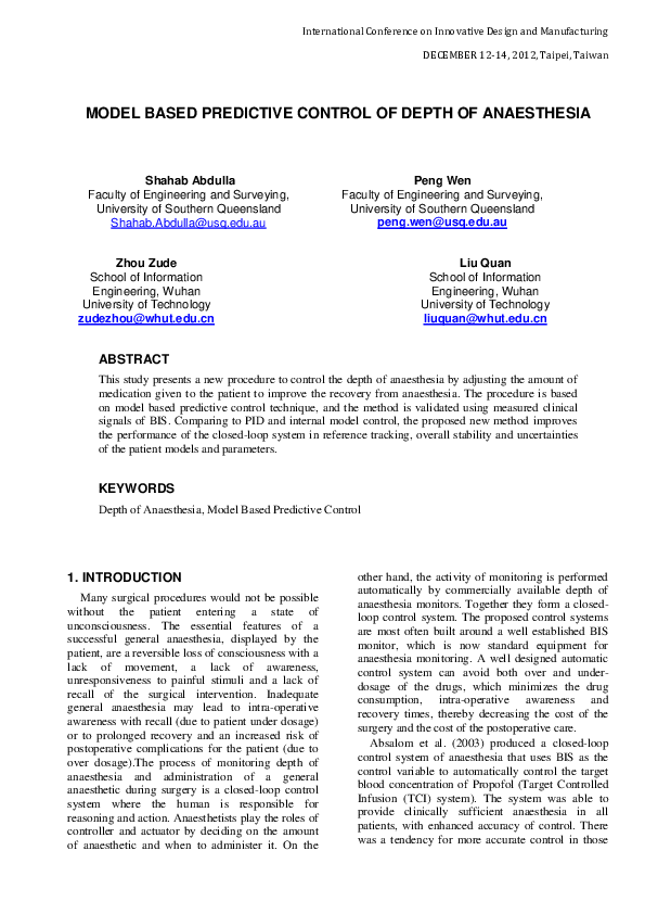 (PDF) Model based predictive control of depth of anaesthesia