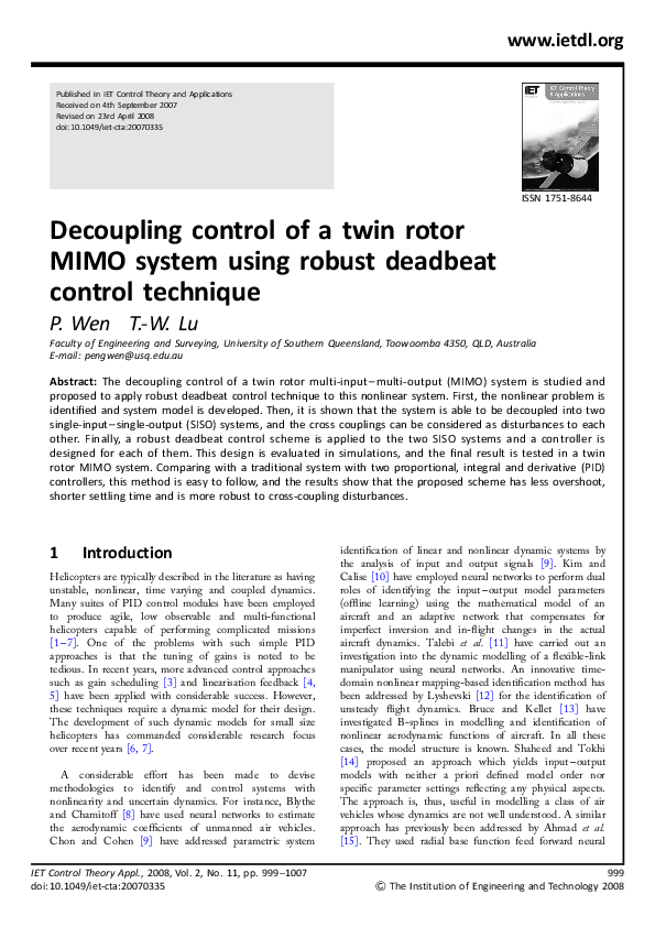 Pdf Control Of Twin Rotor Mimo System Trms Using Pid Controller Hardik Kannad