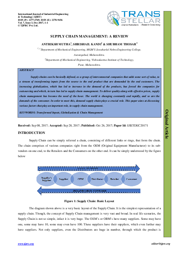 (PDF) Supply Chain Management, A Review