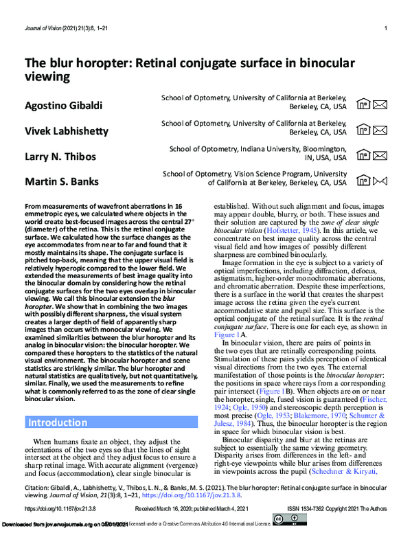 (PDF) The blur horopter: Retinal conjugate surface in binocular viewing