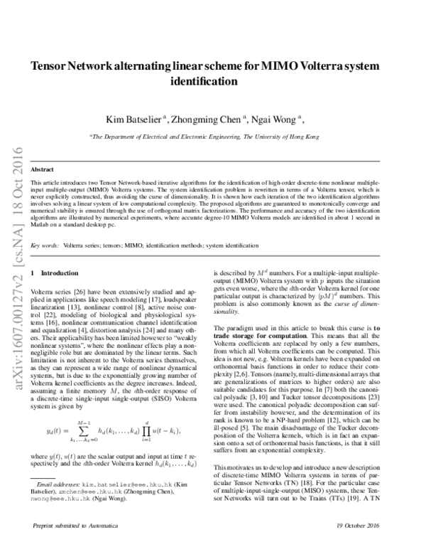 Pdf Tensor Network Alternating Linear Scheme For Mimo Volterra System Identification