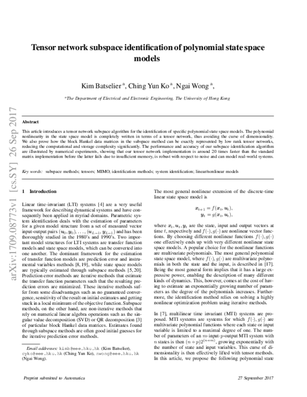 Pdf Tensor Network Subspace Identification Of Polynomial State Space Models