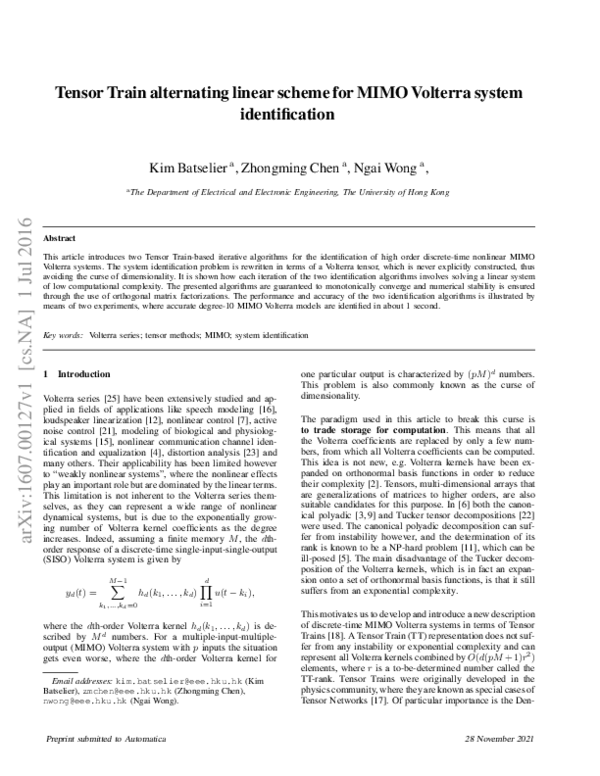(PDF) Tensor Train alternating linear scheme for MIMO Volterra system ...