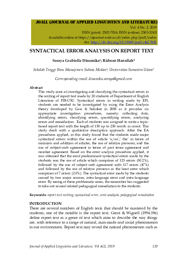 (PDF) Syntactical Error Analysis on Report Text