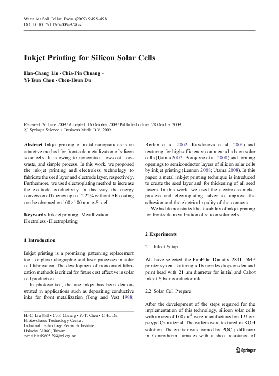 (PDF) Inkjet printing for silicon solar cells