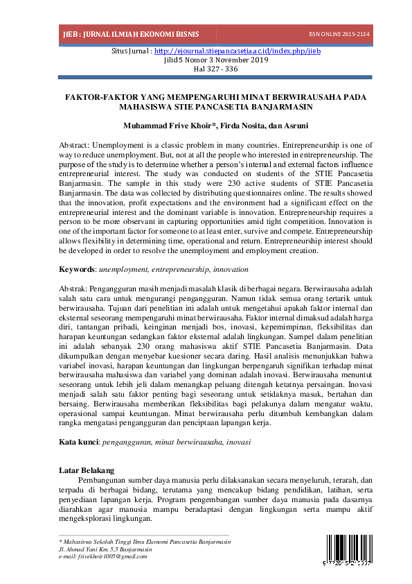 (PDF) Faktor-faktor Yang Mempengaruhi Minat Berwirausaha Mahasiswa Fakultas Ekonomi Universitas ...