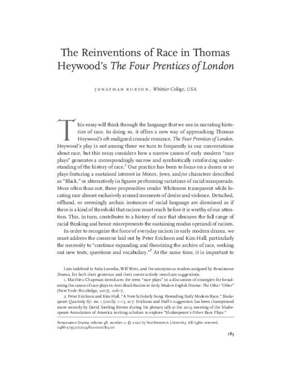 (PDF) The Reinventions of Race in Thomas Heywood's The Four Prentices ...