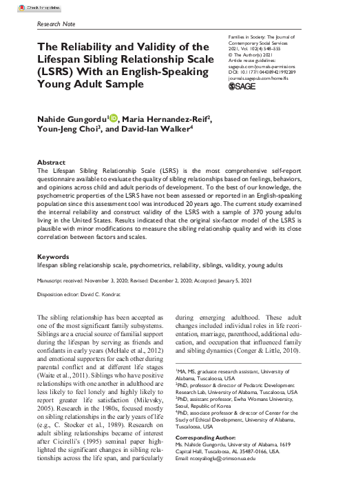 (PDF) The Reliability and Validity of the Lifespan Sibling Relationship ...