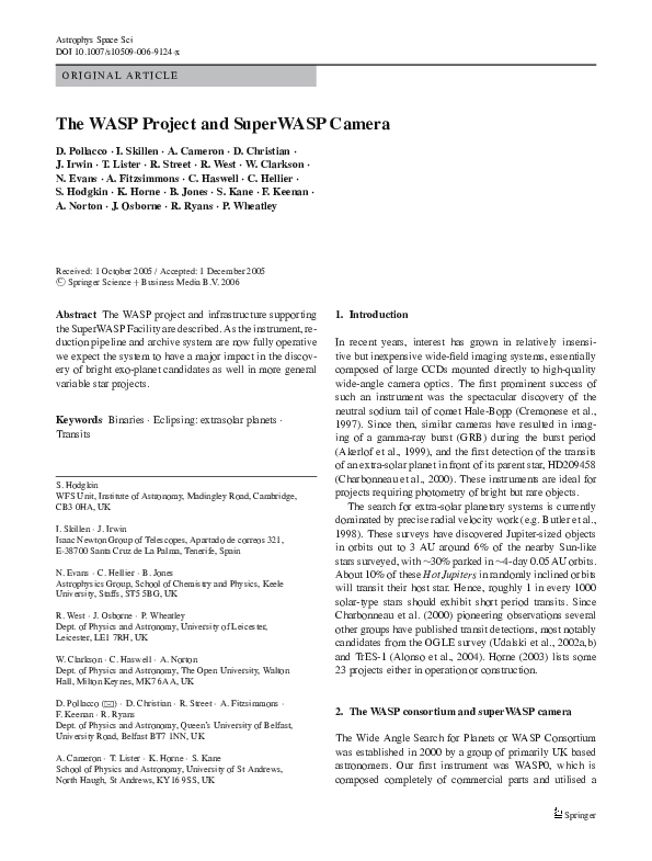 (PDF) The WASP Project and SuperWASP Camera