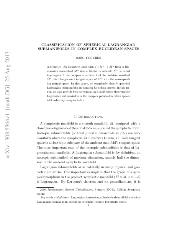 Pdf Classification Of Spherical Lagrangian Submanifolds In Complex Euclidean Spaces