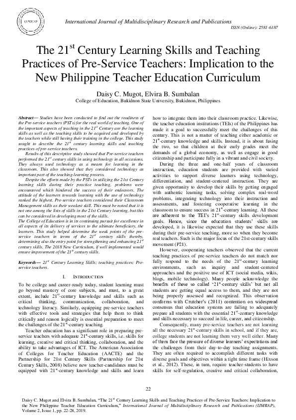 (PDF) The 21st Century Learning Skills and Teaching Practices of Pre ...