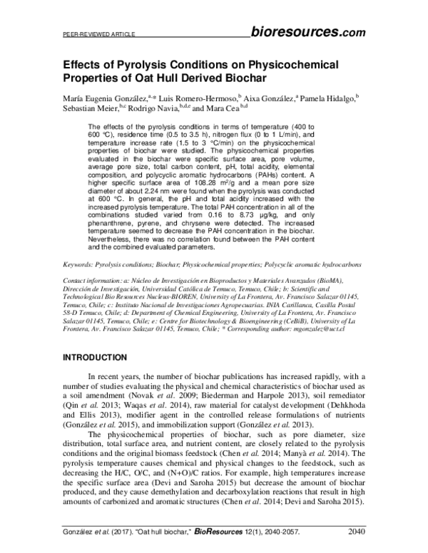 (PDF) Effects of Pyrolysis Conditions on Physicochemical Properties of Oat Hull Derived Biochar