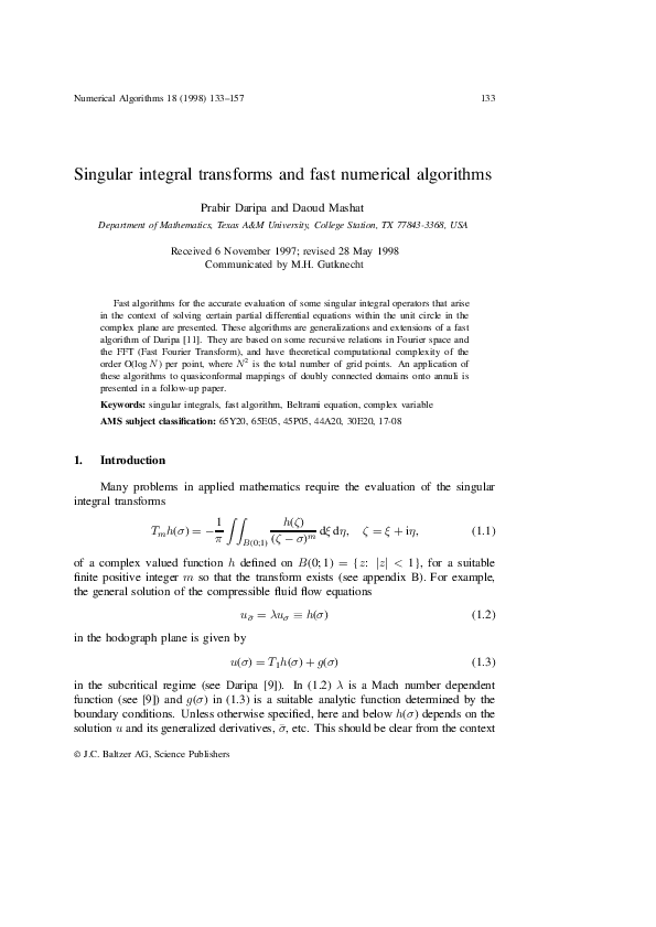 (PDF) Numerical Algorithms 18 (1998) 133–157 133 Singular integral transforms and fast numerical ...