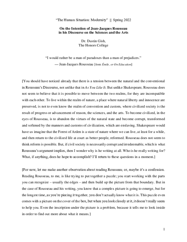 (PDF) Rousseau's Intention in his First Discourse