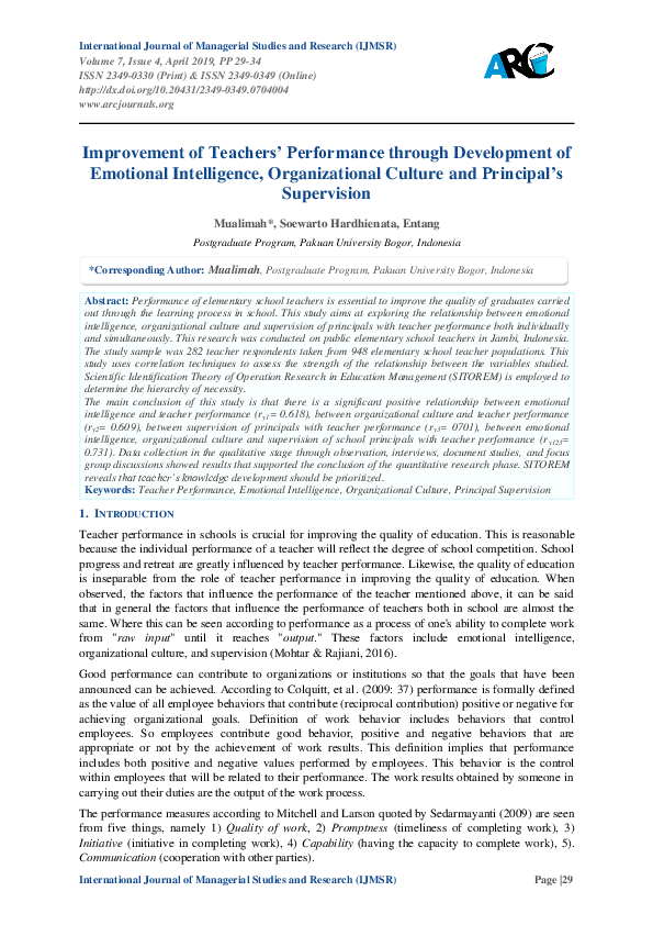 (PDF) Improvement of Teachers’ Performance through Development of Emotional Intelligence ...