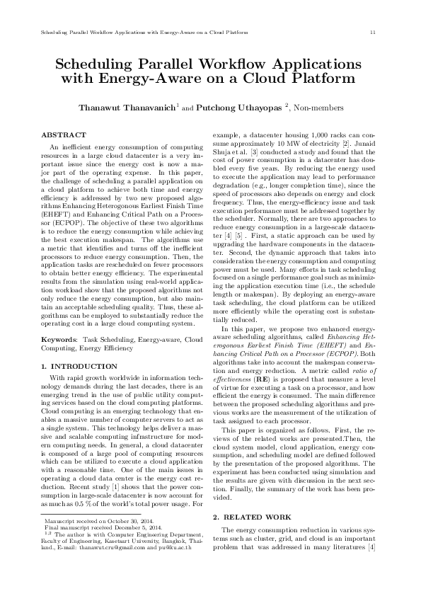 (PDF) Scheduling Parallel Work ow Applications with Energy-Aware on a Cloud Platform