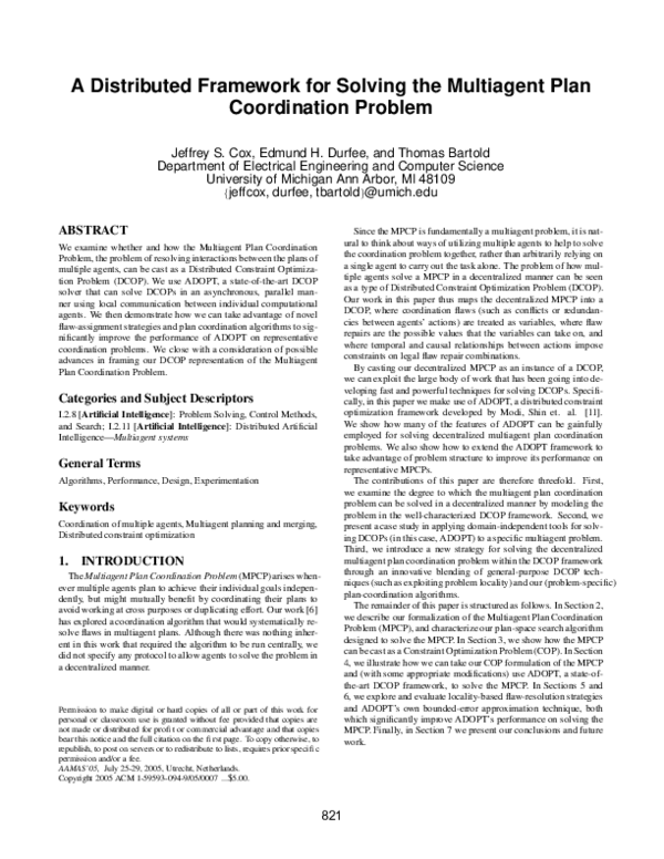 A Distributed Framework For Solving The Multiagent Plan Coordination Problem