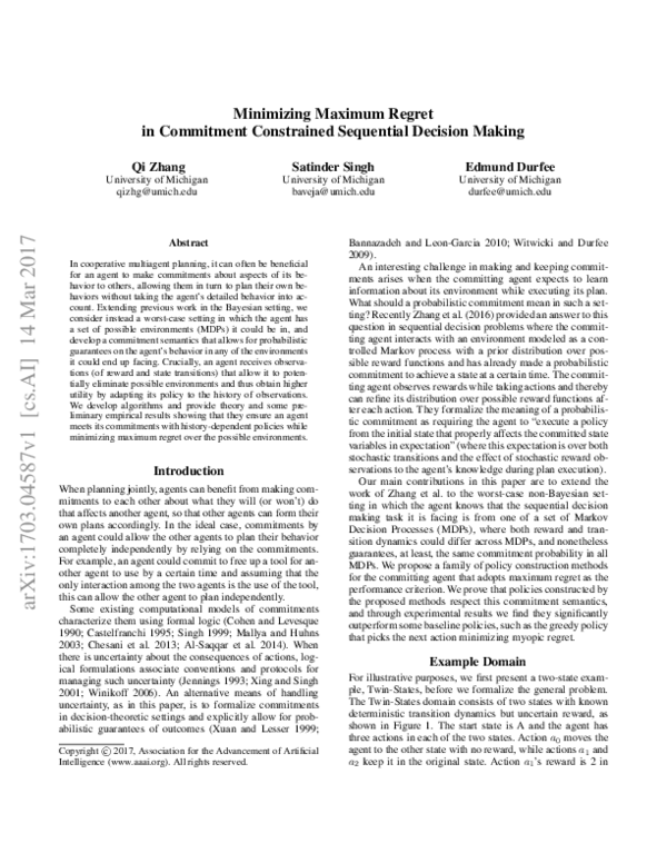 (PDF) Minimizing Maximum Regret in Commitment Constrained Sequential Decision Making