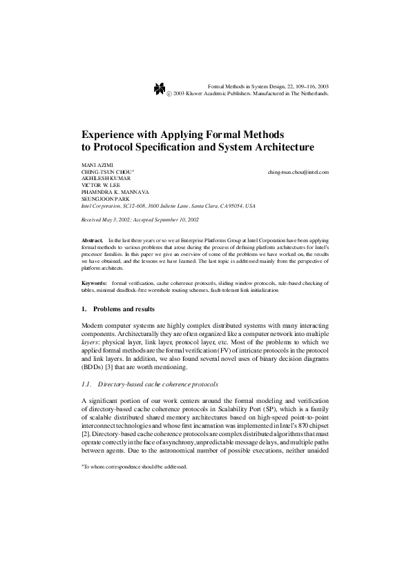 (PDF) Experience with Applying Formal Methods to Protocol Specification and System Architecture