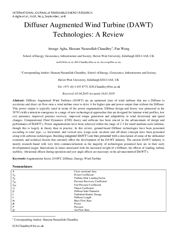 (PDF) Diffuser Augmented Wind Turbine (DAWT) Technologies: A Review