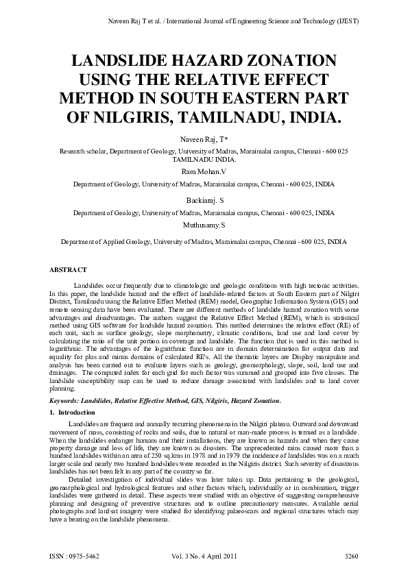 (PDF) Landslide Hazard Zonation Using the Relative Effect Method in South Eastern Part of ...