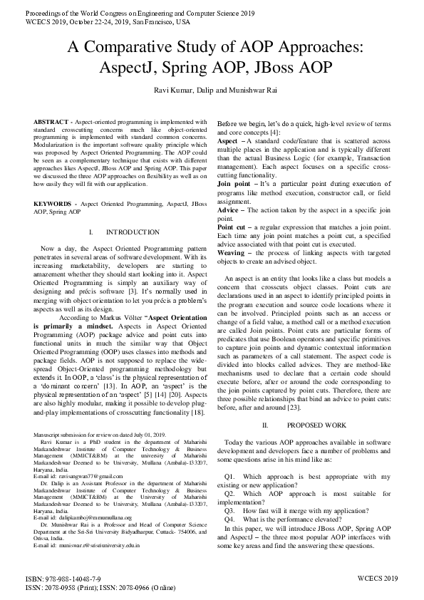 (PDF) A Comparative Study of AOP Approaches: AspectJ, Spring AOP, JBoss AOP