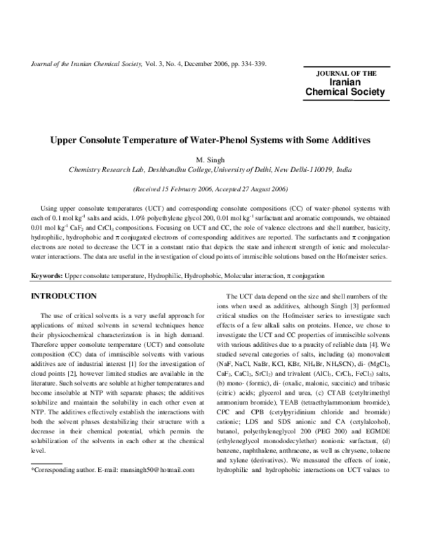 (PDF) Upper consolute temperature of water-phenol systems with some ...