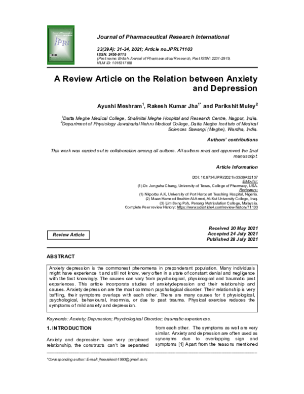 (PDF) A Review Article on the Relation between Anxiety and Depression