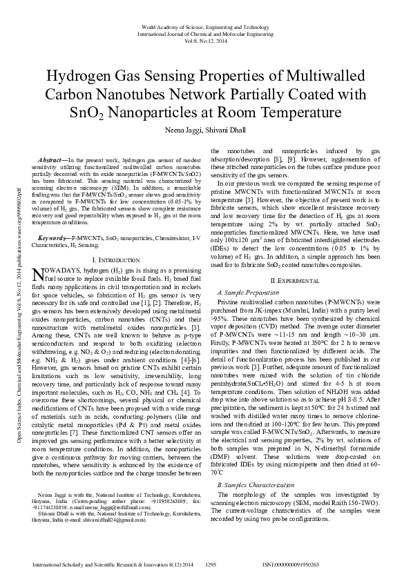 (PDF) Hydrogen Gas Sensing Properties of Multiwalled Carbon Nanotubes ...