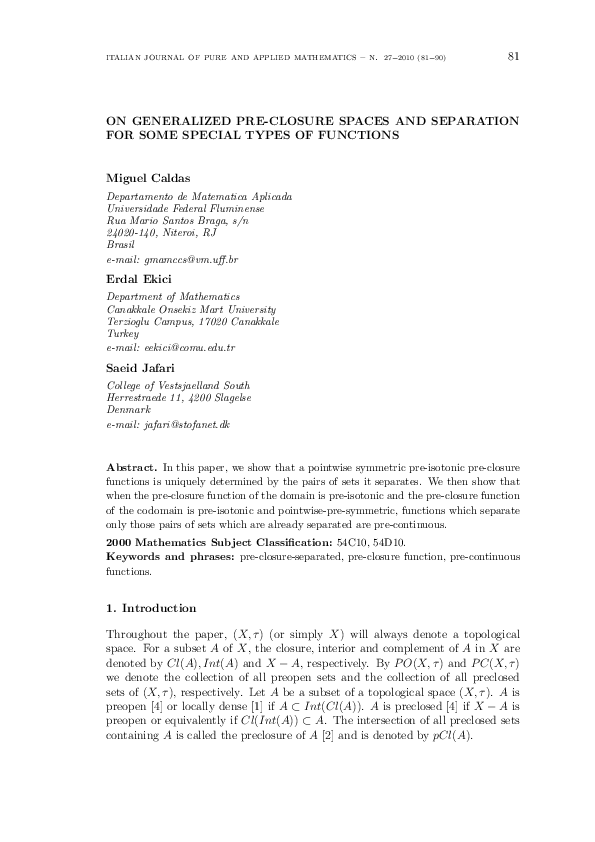 (PDF) On Generalized Pre-Closure Spaces and Separation for Some Special Types of Functions