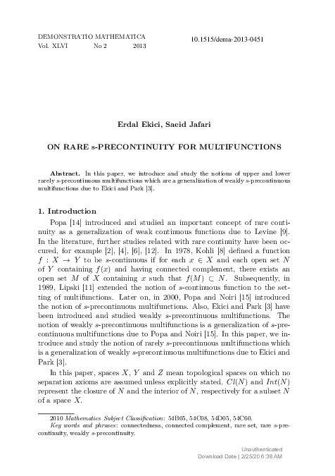 (PDF) On rare s-precontinuity for multifunctions