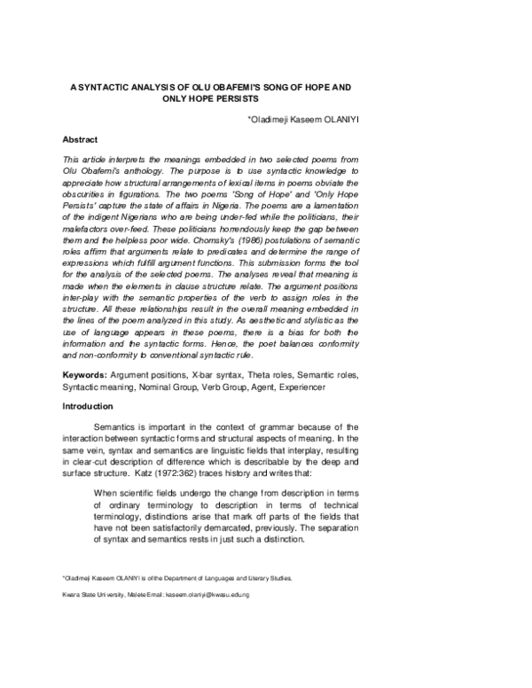 (PDF) A SYNTACTIC ANALYSIS OF OLU OBAFEMI'S SONG OF HOPE AND ONLY HOPE