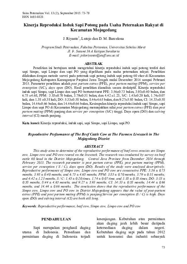 (PDF) Kinerja Reproduksi Induk Sapi Potong pada Usaha Peternakan Rakyat ...