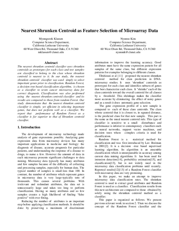 (PDF) Nearest Shrunken Centroid as Feature Selection of Microarray Data